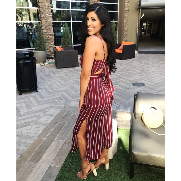 Pants & Jumpsuits | Nwt Burgundy Split Leg Jumpsuit Back Tie Striped ...